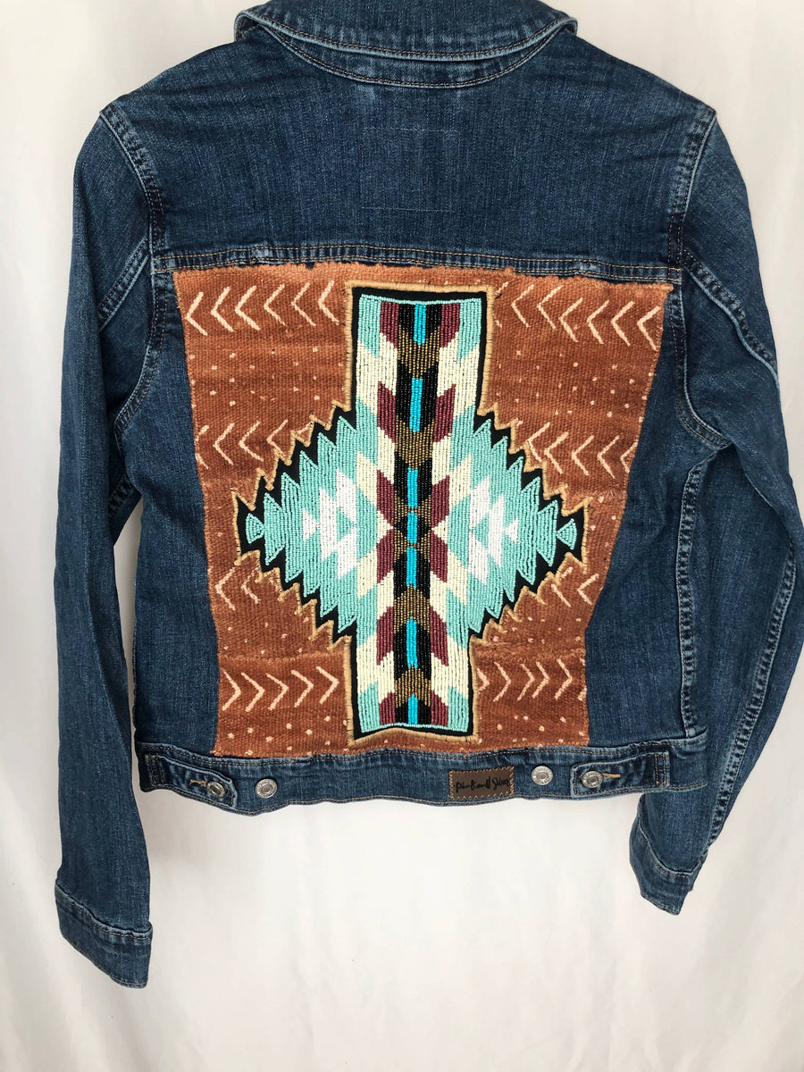 Hand Beaded Southwest design w/African Mudcloth Denim Jacket Lo – Teal ...